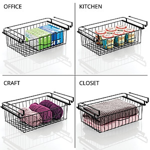 mDesign Large Metal Wire Hanging Pullout Drawer Basket - Sliding Under Shelf Storage Organizer - Attaches to Shelving - Easy Install - Black