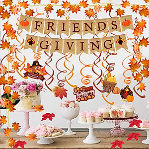 Famoby FRIENDSGIVING Burlap Banner Paper Triangular Bunting Maple leaf Garland Plastic Streamer for Thanksgiving Day Party Decoration