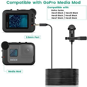 weishan Lavalier Mic Compatible with GoPro HERO11 Black, HERO10，HERO9 Action Cameras, Media Mod, Max - Lapel Microphone 3.5mm, 10ft