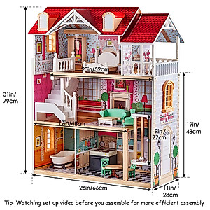TOP BRIGHT Wooden Dollhouse for Toddlers Dream Doll House for 3+ Year Old