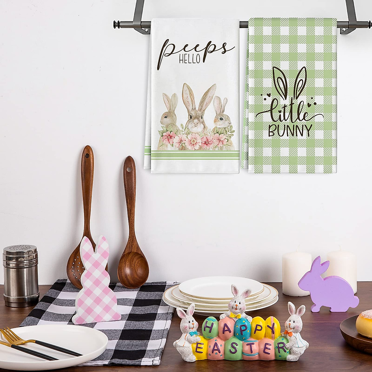 AnyDesign Easter Kitchen Towel 18 x 28 Green White Buffalo Plaids Dishcloth Easter Bunny Rabbit Gnome Cloth Tea Towel Spring Decorative Hand Towel for Bathroom Kitchen Home Cooking Baking, 4Pcs