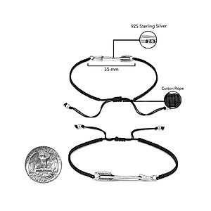 AeraVida Valiant Forged Arrow .925 Sterling Silver Charm on Cotton Rope Adjustable Wrist Pull Bracelet | Cotton Rope Bracelet for Women | Adjustable Silver Arrow Rope Bracelet