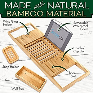 SereneLife Luxury Bamboo Bathtub Caddy, Extendable & Adjustable Tray with Device/Book Holder, Removable Trays for Bath Accessories (Natural)