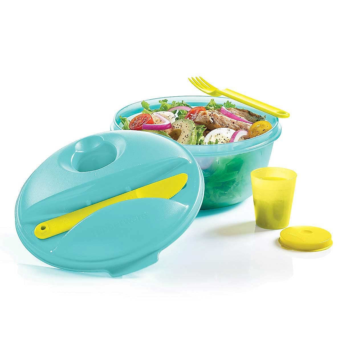 Tupperware Salad on the Go Set Lunch Keeper 6.25 Cup Bowl, Fork, Knife and Midget Blue Green