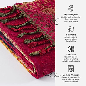 Y-PLWOMEN Bohemian Chenille Throw Blanket for Couch, Woven Jacquard Boho Blankets wiz Tassel, Hippie Tribal Blanket for Bed Sofa Recliner Loveseat Decor(Red Yellow, 60x75)