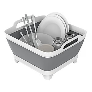 KEPPIER Dishpan, 9L Collapsible Washing Basin (Gray, PP, TPR), Portable Dish Tub with Drain Plug, Space-Saving Drying Rack for Kitchen, Camping, Laundry use