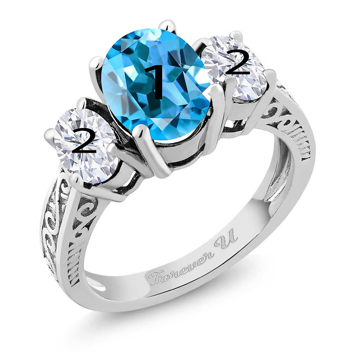 Gem Stone King 925 Sterling Silver Customized and Personalized Name Engraved Promise Love Gemstone Birthstone Fashion Mothers 3-Stone Ring For Women (Size 9)