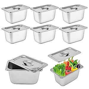 8 Pack Hotel Pans 1/4 Size 5.9'' Deep Stainless Steel Steam Table Pan Restaurant and Commercial Pans with Lid Food Pan for Buffet Party Supplies