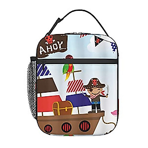 Lizinna Rportable Lunch Bag For Women/Men Insulated,Pirate Treasure Chest With Ship On Ocean Background,Insulatedreusable Lunch Box For Office Work School Picnic Beach,Leakproof Cooler Tote Bag