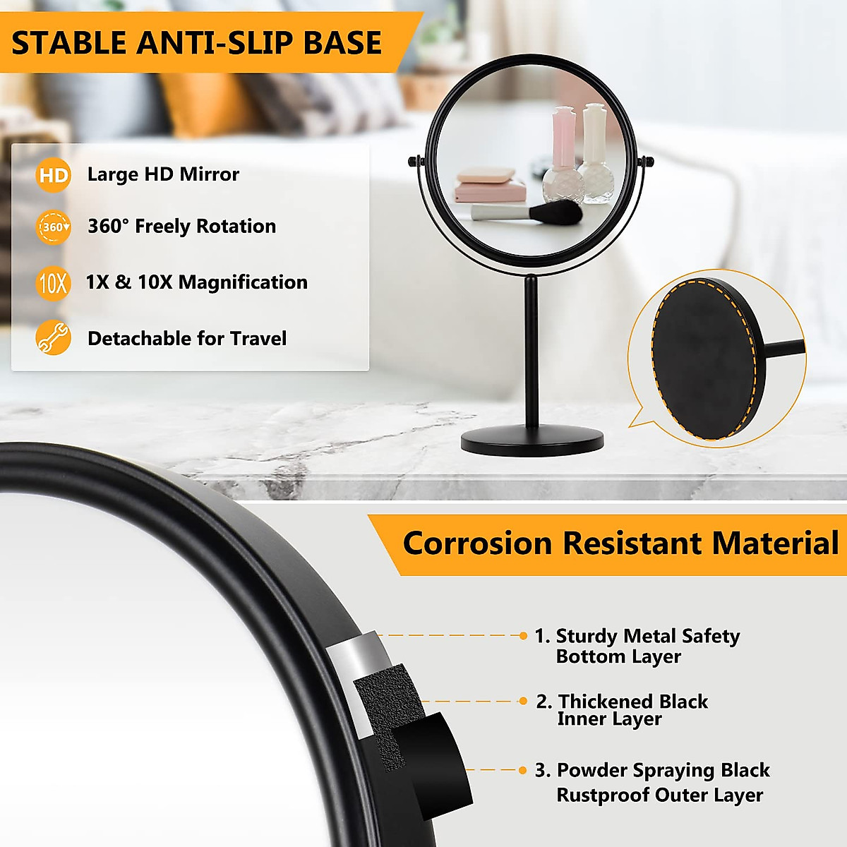 ALHAKIN 10x Magnifying Makeup Mirror, 8 Inch Tabletop Mirror Double Sided with Magnification, Swivel Make Up Mirror for Bathroom, Black