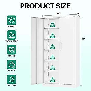 Letaya Metal Storage Cabinets with Lock Door,Steel Locker Garage Cabinets 5 Adjustable Shelves for Home,Office, Warehouse(White)