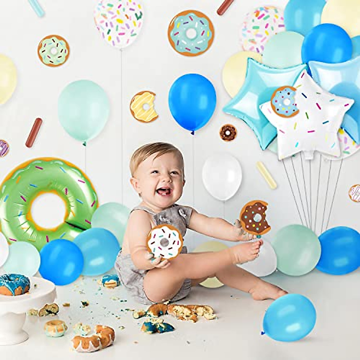 Levfla Blue Donut Balloons Garland Boy Pastel Green Decoration Kits Sprinkles Confetti Doughnut Backdrop with Cutouts Kids Birthday Party Balloons Arch Photo Props Favor Ideas Supplies