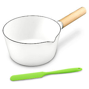 JIANWEI 1L Enamel Milk Pan, Milk Pot Butter Warmer Enamel Saucepan with Silicone Spatula & Pour Spout, Nonstick Enamel Milk Enamel Melting Pot for Induction Electric Gas Stoves(White)