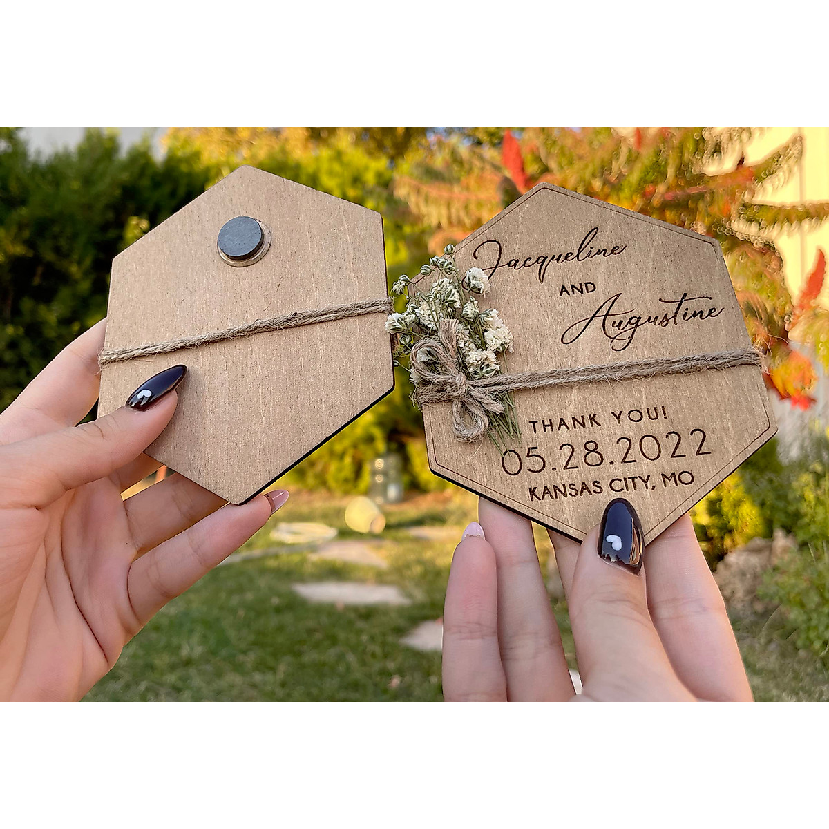 vitawed Hexagon Floral Wedding Favors, Personalized Wedding Favor, Wooden Magnet with Envelopes and Stickers, Pack of 8 to 300