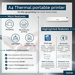 TATO Portable Printer - Portable Printer Wireless for Travel - Small Printer Wireless - No Ink Printer - Travel Printer - Portable Mini Printer - Wireless Bluetooth Printer - Studying Essentials