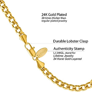 LIFETIME JEWELRY 5mm Cuban Link Chain Bracelet for Men & Women 24k Gold Plated, 7 Inches