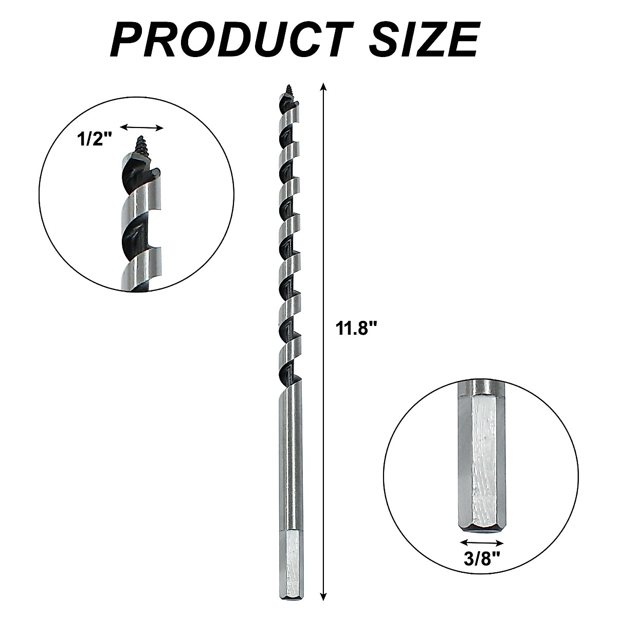 Coufce 1/2" Diameter Auger Drill Bit 12" Ship Auger Long Drill Bit 3/8" Hex Shank Long Drill Bits for Wood Hole Cutter in Hardwood, Softwood, and Composite Materials