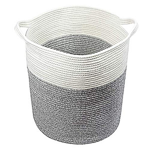Laundry Basket 2pc by COMFY-HOMI Large Basket 18"X16" Tall Woven Cotton rope Basket with Handles Decorative Basket for Blankets Round Storage Basket for living room,Clothes,Pillows,Towels (White Grey)