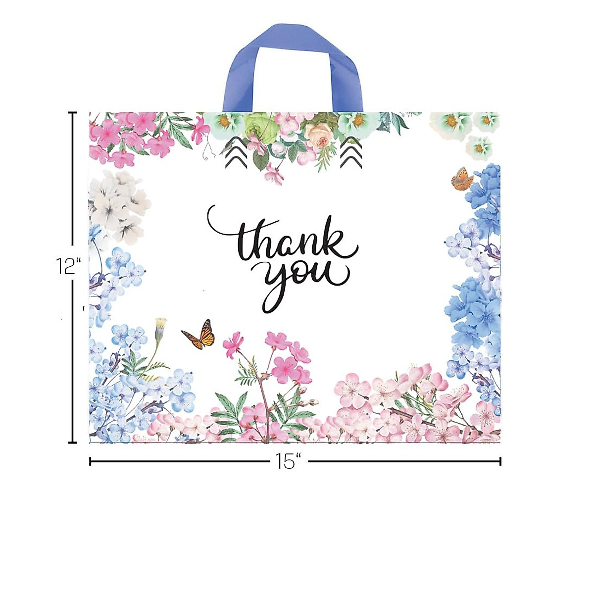 Purple Q Crafts Thank You Bags for Business 50 Pack 15" W x 12" H Floral Plastic Shopping Bags With Soft Loop Handle Thank You Shopping Bags