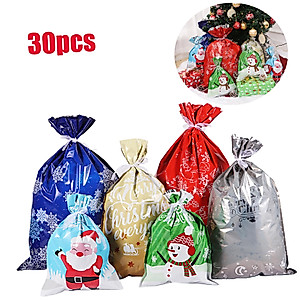 Christmas Bags Large Size Christmas Wrapping Assorted Styles Christmas Goody Bags with Ribbon Ties for Christmas Party Xmas Holiday 30PCS