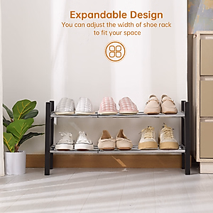 Nroech Expandable Shoe Rack Storage Organizer-Adjustable 2 Tier Wood and Metal Shoe Shelf Heavy Duty Free Standing Shoe Rack for Closet Bedroom Entryway (Black)