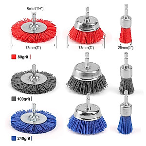 POLIWELL Nylon Filament Brush 9 Pack, Abrasive Wire Brush Wheel & Cup Brush Set, Drill Bit Sanding Brush with 1/4” Hex Shank for Steel Rust Removing, Grill Cleaning, Flaking Paint Refinishing