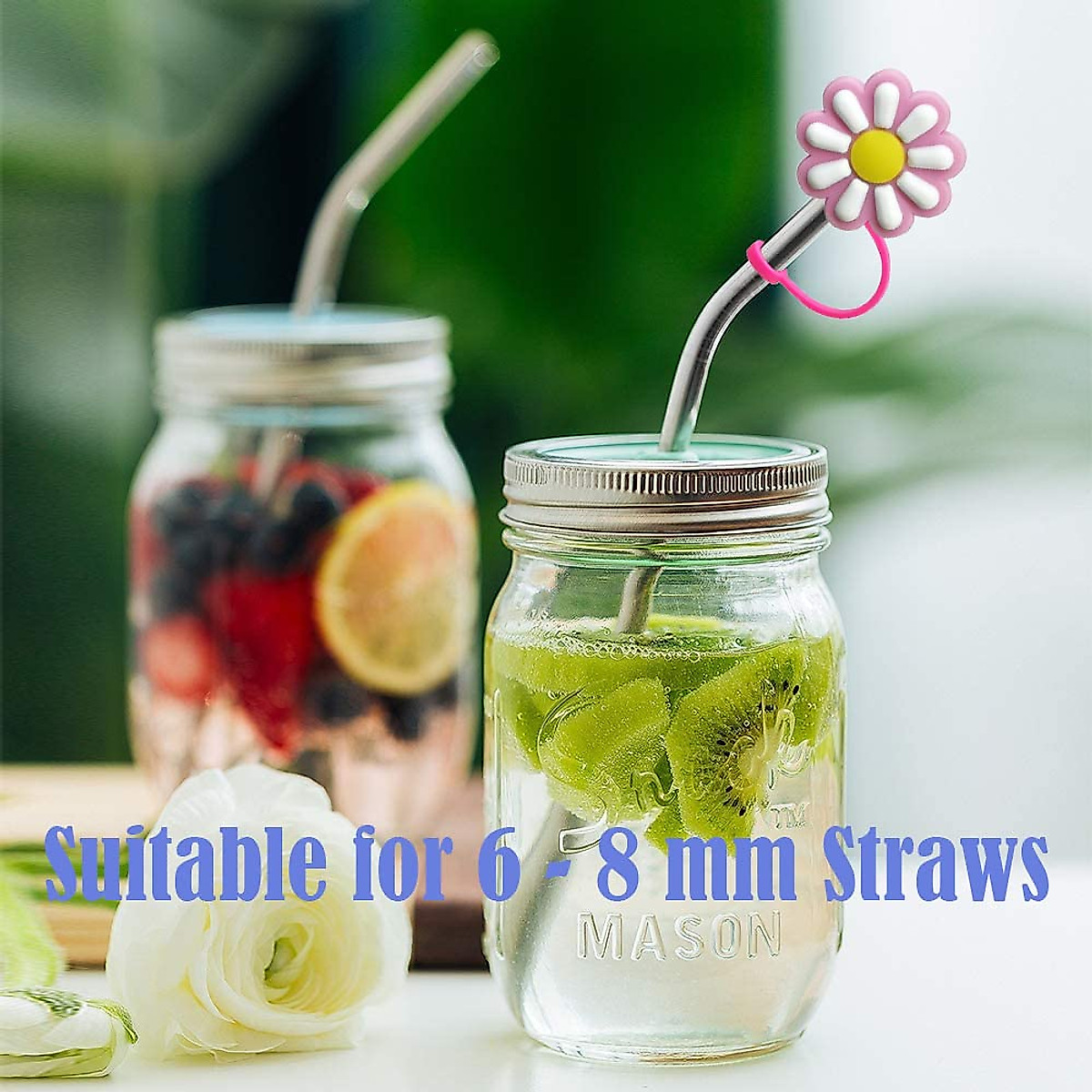 10 Pieces Straw Cover Cap Reusable Silicone Straw Toppers Drinking Straw Tips Lids for 6-8 mm Cute Straws Plugs (Not include Straw) (2D Style 2)