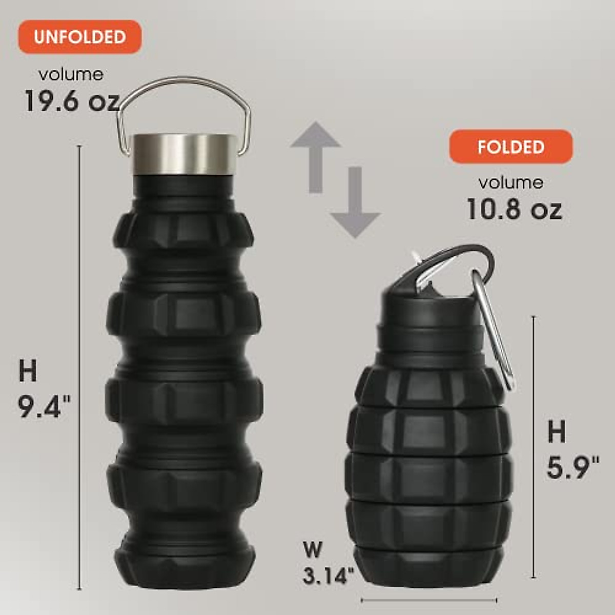 Collapsible Water Bottle 19.6oz - Gift Box, 2 Lids, Carabiner - Leak Proof Water Bottles for Veteran's Day - Reusable Water Bottles with Military Style - Travel Water Bottles - Gifts for Men (Black)