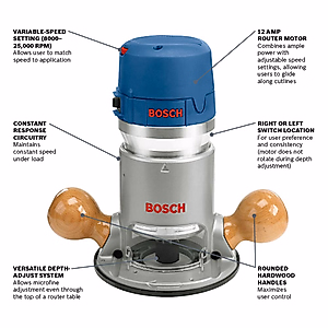 BOSCH 1617EVS 2.25 HP Electronic Fixed-Base Router and RA1171 25-1/2 in. x 15-7/8 in. Benchtop Laminated MDF Top Cabinet Style Router Table Bundle
