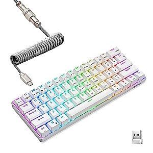 RK ROYAL KLUDGE RK61 60% Mechanical Keyboard with Coiled Cable, 2.4Ghz/Bluetooth/Wired, Wireless Bluetooth Mini Keyboard 61 Keys, RGB Hot Swappable Blue Switch Gaming Keyboard with Software - White