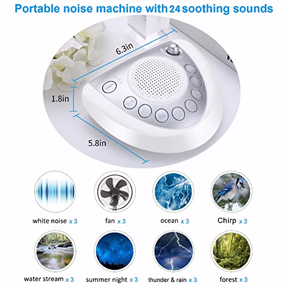 White Noise Machine Raynic Sound Machine Portable Sleep Machine with 24 Natural Soothing Sounds, Timer, USB Port, Headphone Jack for Baby, Kids, Adults, Travel, Office, Home (Silver)