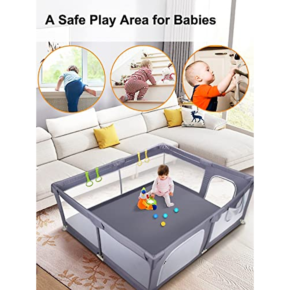 Baby Playpen, Play Pens for Babies and Toddlers, Extra Large Baby Play Yard, Baby Play Fence with Breathable Mesh and Double Gate, Indoors Kids Safety Play Activity Center, 71x59x27 Inches