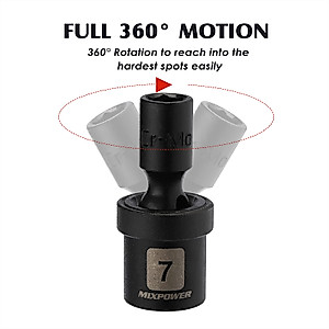 MIXPOWER 12 Pieces 1/4" Drive Universal Impact Socket Set, CR-MO, Metric, Swivel Socket with Flexible Wobble, 5mm - 15mm