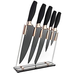 6 Piece Knife Set | 5 Beautiful Rose Gold Knives with Knife Block | Sharp Kitchen Knife Sets | Multiple Size, All Purpose Kitchen Knives | 8” Chef, Bread, & Carving Knife | Utility & Paring Knife