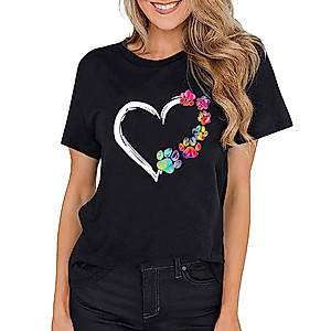 Sunidol Womens Dog Mom Shirts Cute Dog Paw Print Mother's Day Multicolor Heart Graphic Short Sleeve Crewneck Casual Pullover Tops Black XXL