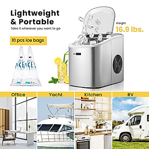 VIVOHOME Electric Portable Compact Countertop Automatic Ice Cube Maker Machine with Hand Scoop 10 Ice Bags and Self Cleaning Function 27lbs/Day Silver