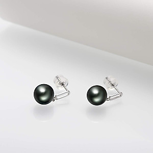 DENGGUANG 18K Gold Tahitian Black Pearl Stud Dangle Earrings 8-9mm Genuine Tahiti Cultured Pearls Drop Dangle Earrings, Mothers Day Gifts for Mom - White Gold