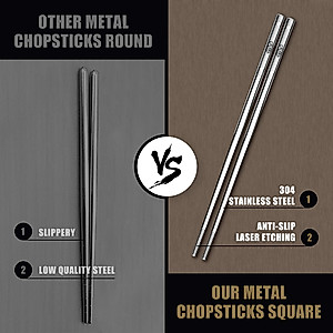 Metal Chopsticks 304 Stainless Steel Chopsticks Reusable Dishwasher Safe Square Japanese Chinese Korean Chop sticks for Cooking Eating with Travel Carrying Cotton Bag Gift Set, 9 1/2 Inches (2 Pairs)