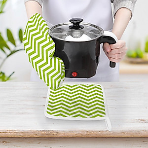 2Pcs Oven Mitts and Pot Holders Set, Retro Apple Green Chevron Stripes Oven Mitts Gloves Set Heat Resistant Hot Pads for Kitchen Cooking Grill