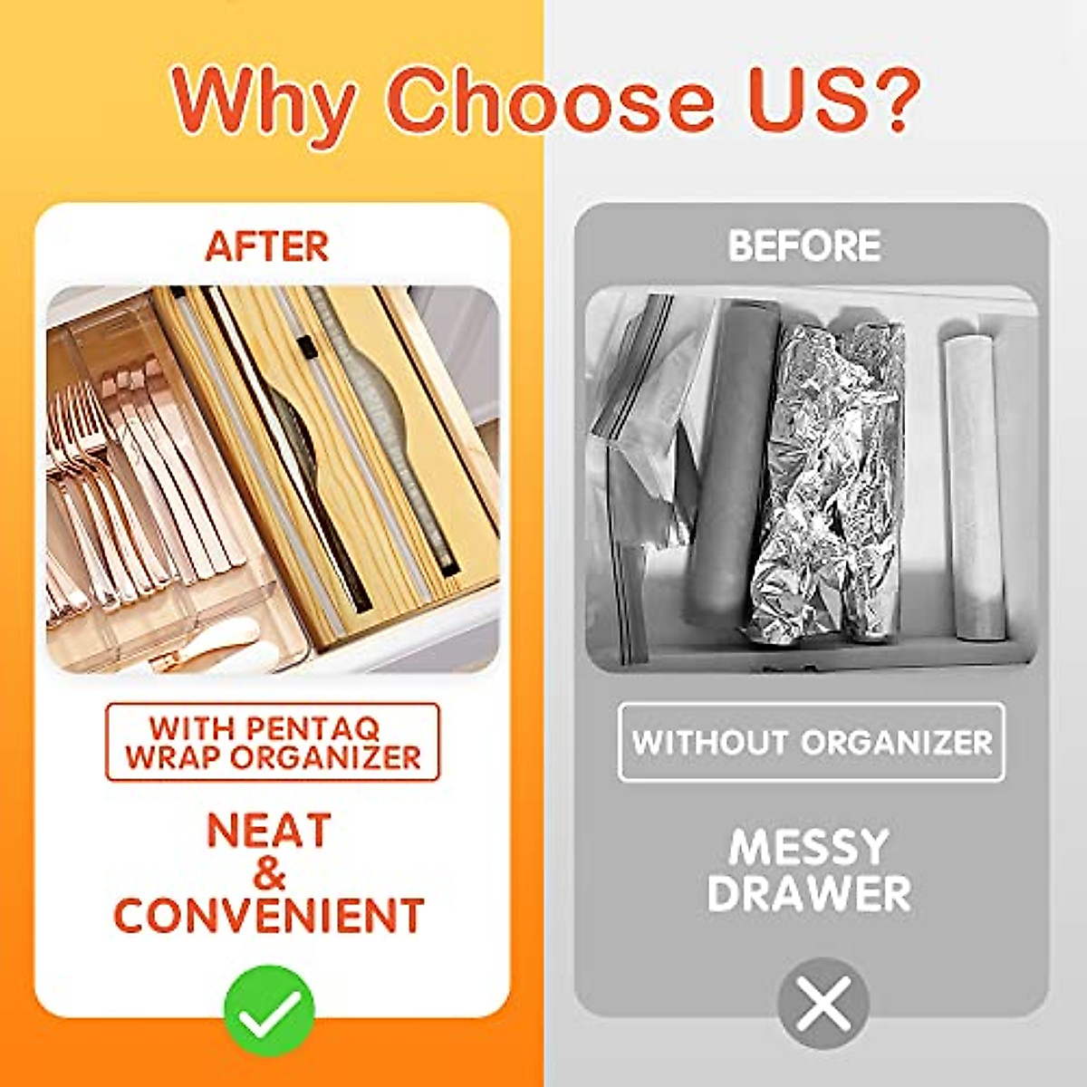 PentaQ Foil and Plastic Wrap Organizer, WrapNeat 2 in 1 Plastic Wrap Dispenser with Cutter and Labels, Aluminum Foil Organization and Storage, 12" Roll Organizer Holder for Kitchen Drawer (Natural)