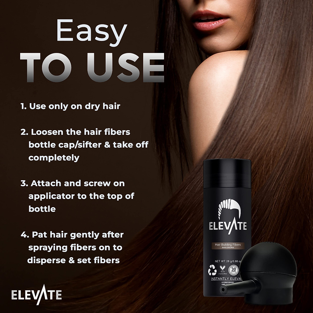 ELEVATE Hair Perfecting 2-in-1 Kit | Set Includes Natural Hair Thickening Fibers & Spray Applicator Pump Nozzle | Instantly Conceal & Thicken Thinning or Balding Hair Areas for Men Women (Dark Brown)