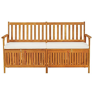 vidaXL Solid Acacia Wood Storage Bench with Cushion- Brown & Cream White, Indoor-Outdoor Versatile Bench with Ample Storage, Comfortable Padded Cushion Included