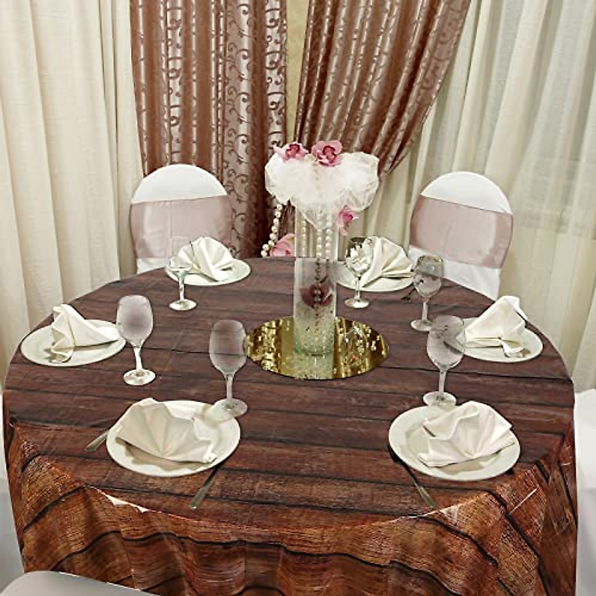 Remagr 3 Pack Wood Grain Round Tablecloth 84 Inch Waterproof Stain Resistant Polyester Table Cloth Disposable Stripe Cover for Baby Shower Birthday Dining Buffet Party Picnic Decor