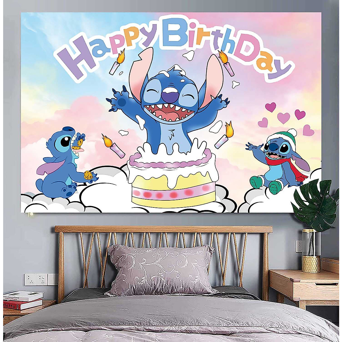 Stitc Birthday Decorations for Girls and Boys, Birthday Backdrop Party 60x40 Inch, Stylish Stitc Birthday Party Supplies Banner Background (Cute1, 3 * 5FT)