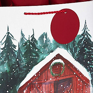 Hallmark 13" Large Christmas Gift Bag Assortment with Tissue Paper (3 Bags: "Merry Christmas" Wreath, Gold Joy, Snowy Red Barn) Red, White, Gold Foil