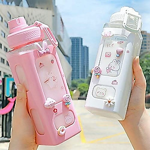 Large Kawaii Water Bottle with Straw and 3D Stickers Cute Aesthetic Bottle Kawaii Milk Bottle Tea Cup Juice Shaker Portable Silicone (700ml/24oz, White)