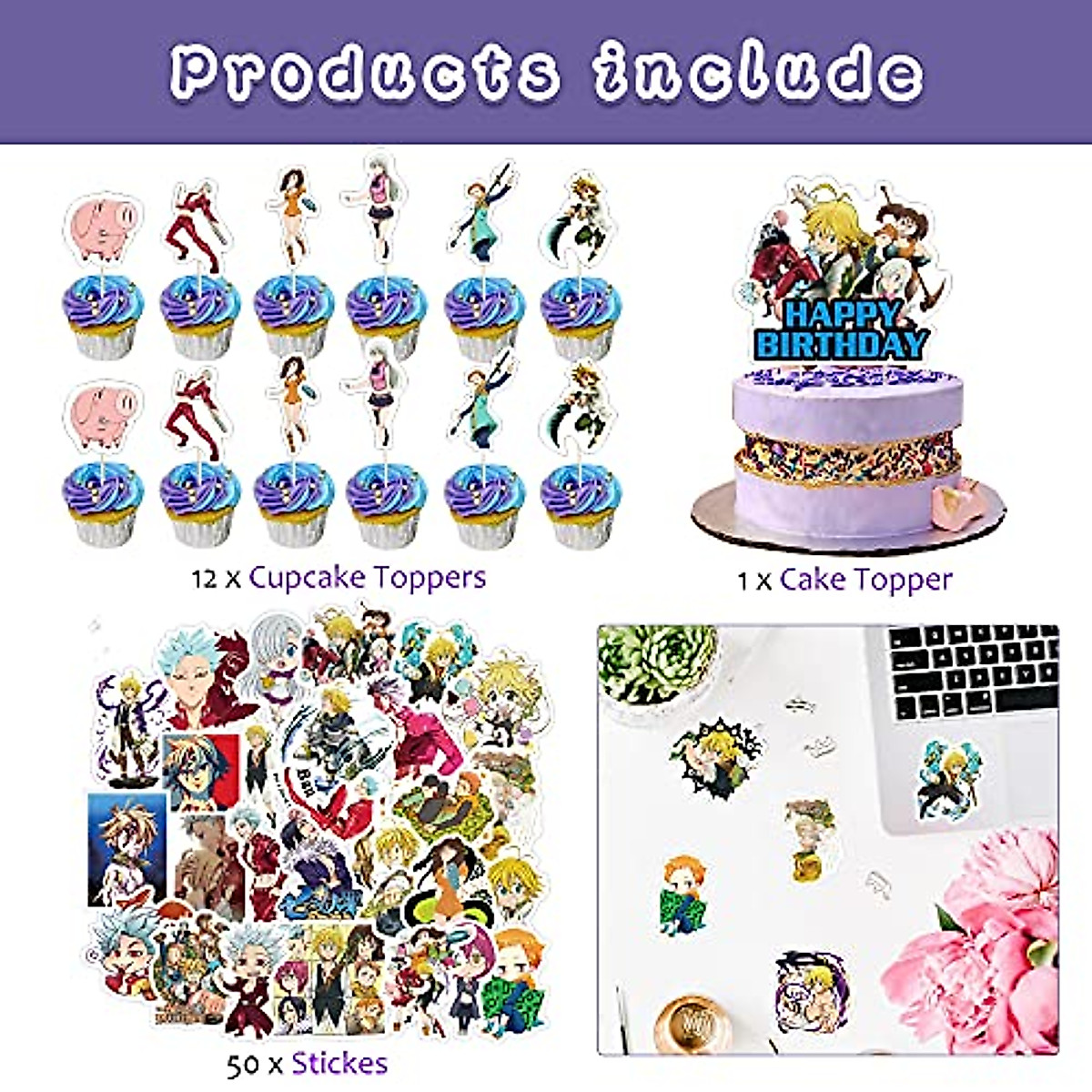 Seven Deadly Sins Birthday Party Decorations,Anime Manga Themed Party Supplies set for Boys Girls with Happy Birthday Banner,Cake Topper,Cupcake Toppers,Balloons,Stickers