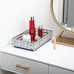 Feyarl Crystal Cosmetic Decorative Vanity Tray Jewelry Trinket Perfume Bottles Storage Organizer with Real Glass Surface for Dresser Table Home Deco12inch (Silver)