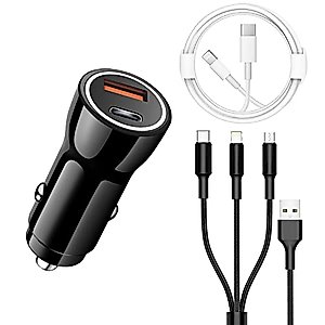 iPhone Fast Car Charger【Apple MFi Certified】Dual USB C&USB Power Rapid Car Charger Adapter with 6FT Fast Charging Cable and 3in1 Cord for iPhone 14 13 12 11 Pro/XS/XR/SE/X/iPad/AirPods,Samsung Galaxy