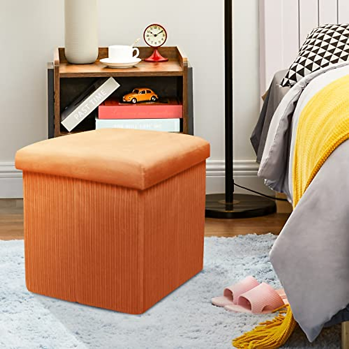 ACEHOME Storage Ottoman Cube, Small Ottoman with Storage, 12 Inch Velvet Tufted Folding Square Storage Ottoman, Small Footstool Rest Padded Seat, Orange